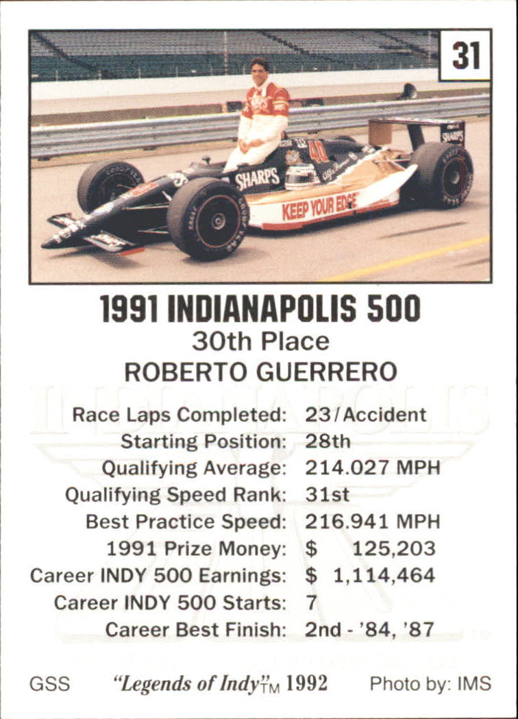 1992 Legends of the Indy 500 Racing Trading Card #1-100 - Choose Your ...