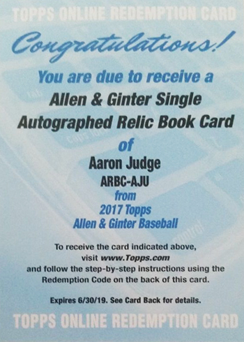 2017 Topps Allen and Ginter Auto Relic Book Judge Autograph Redemption ...