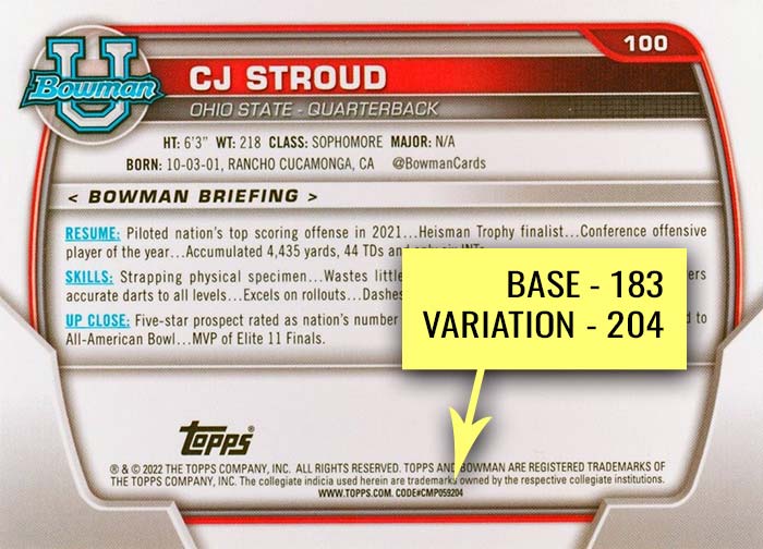 2022 Bowman Chrome University Football Variations Guide, SSPs